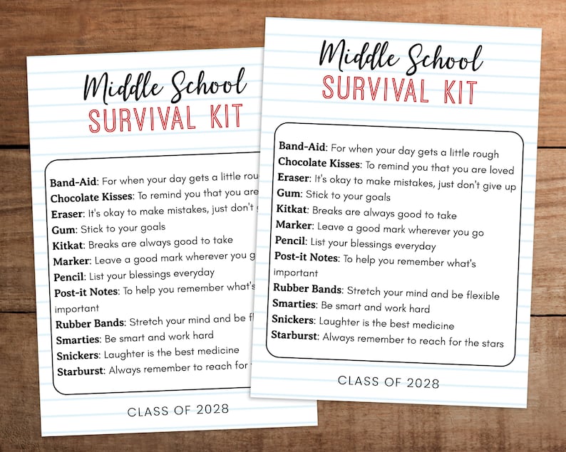 Editable Middle School Student Survival Kit Printable Class of - Etsy