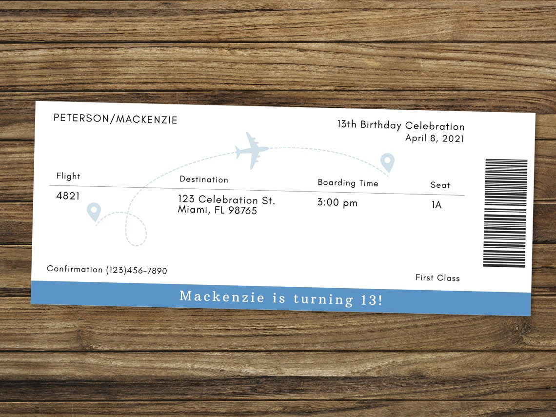 Editable Airplane Ticket Boarding Pass Kids Birthday Invitation ...