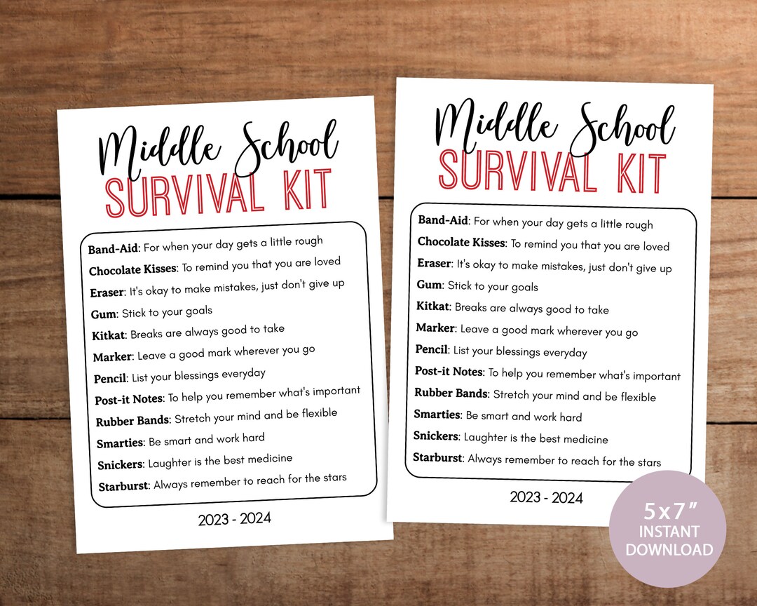 Middle School Survival Kit Card Printable Back to School Gift 5x7 ...