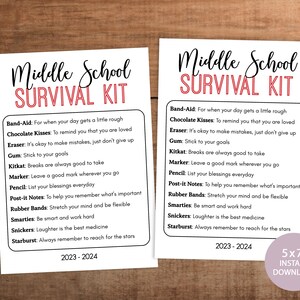 Middle School Survival Kit Card Printable Back to School Gift 5x7 ...