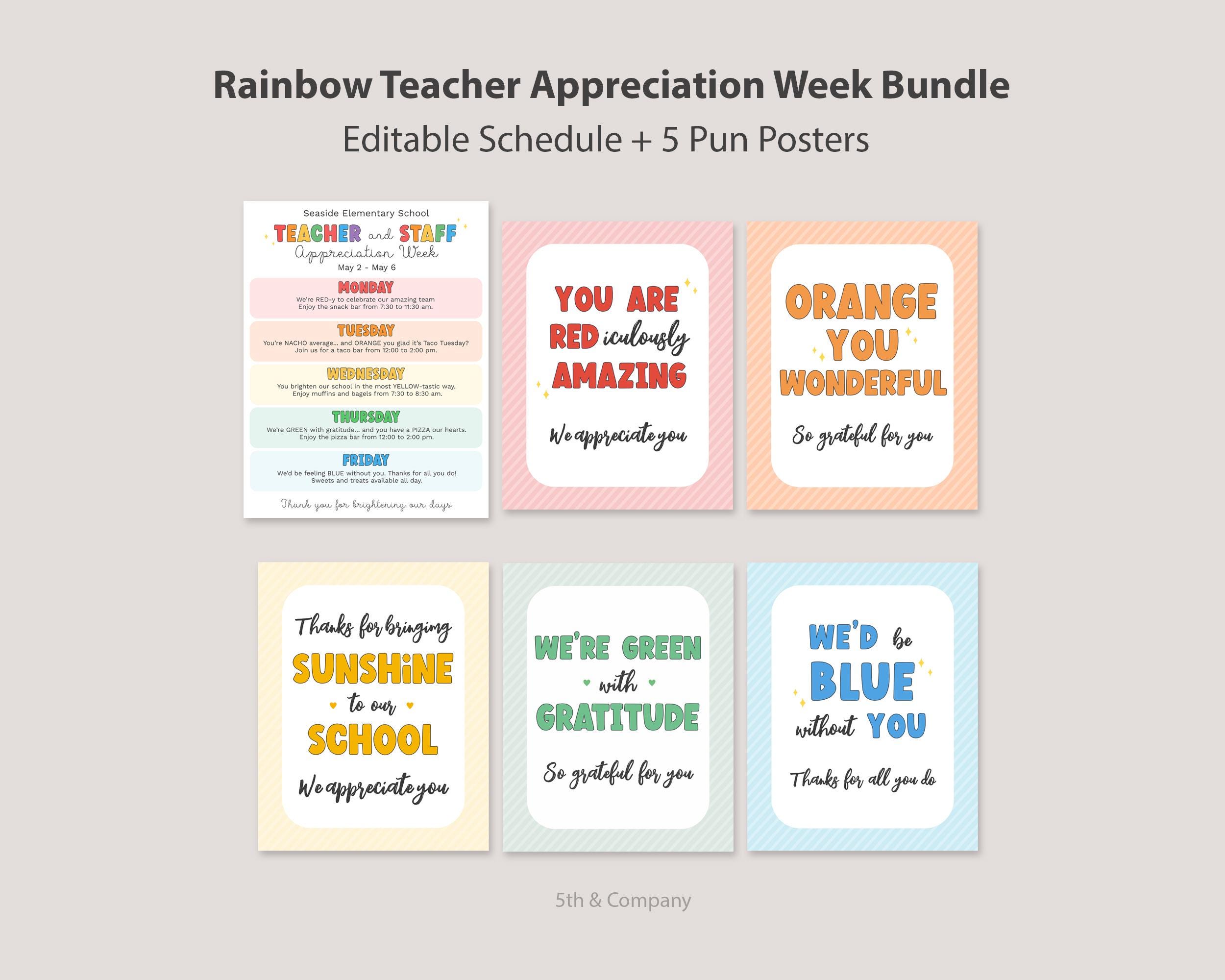 Teacher Appreciation Week Schedule and Posters Rainbow Theme Printable ...