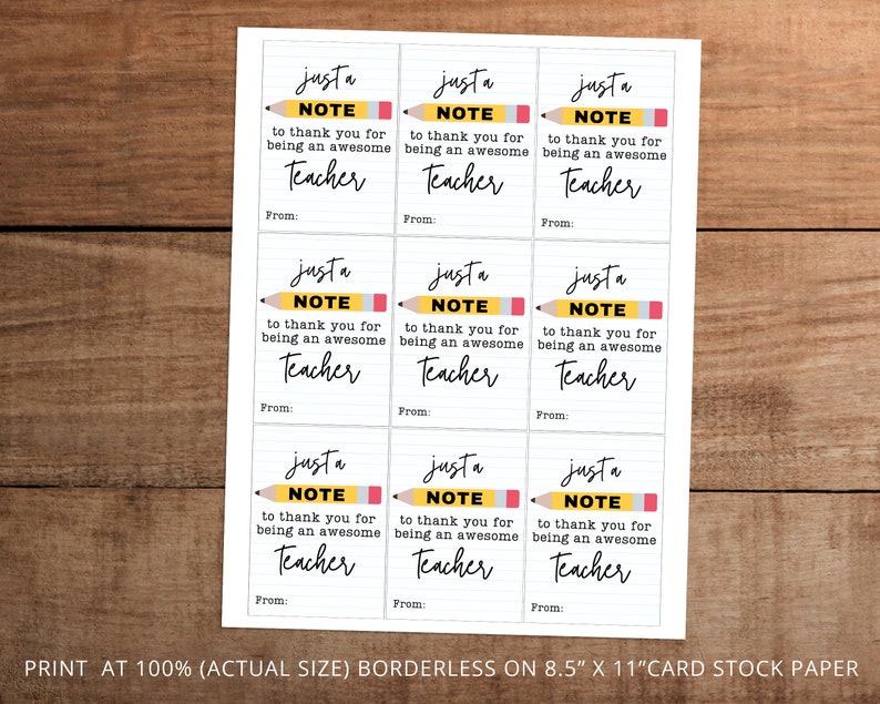 Teacher Appreciation Gift Tag Printable Just a Note to Thank You for ...