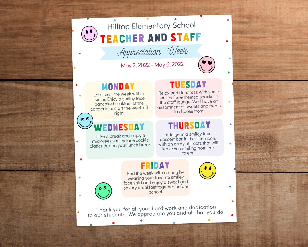 Editable Teacher and Staff Appreciation Week Schedule Itinerary of ...