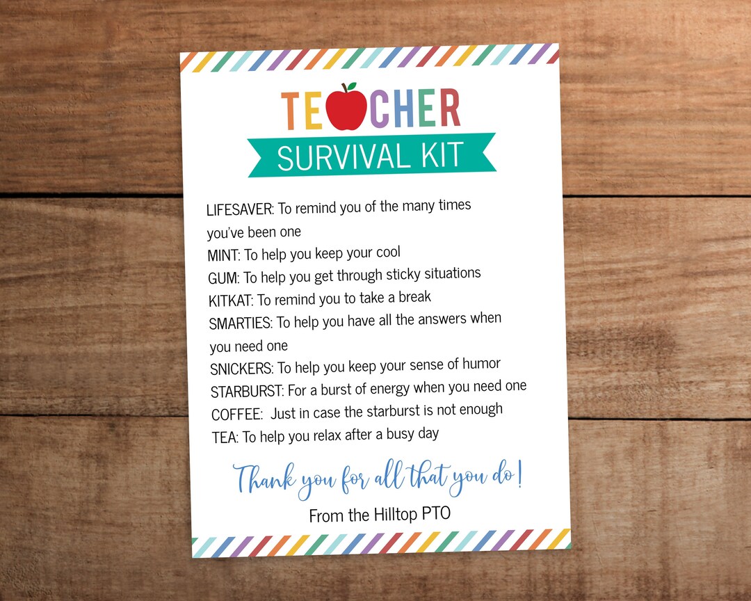 Editable Teacher Survival Kit Card Printable Template for Appreciation ...