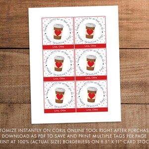 Editable Thanks a Latte Valentine's Day Gift Tag Printable - Etsy