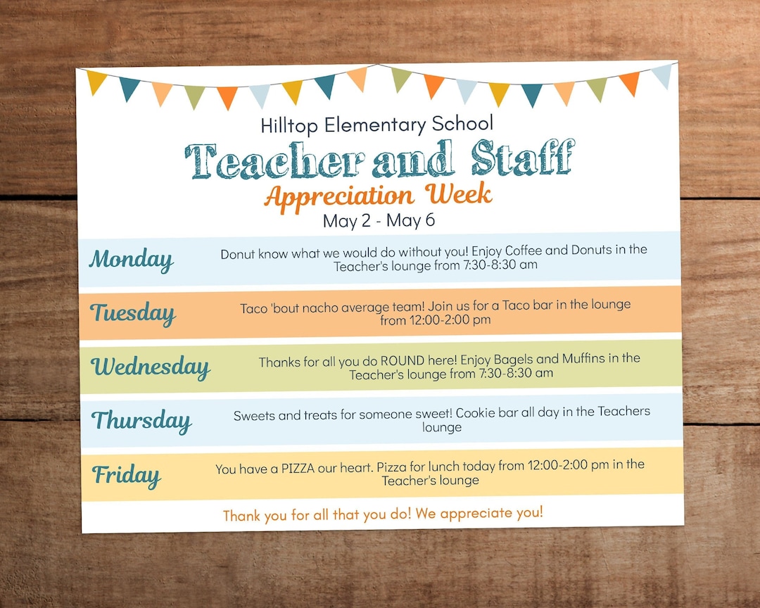 Editable Teacher and Staff Appreciation Week Schedule of Events Sign ...