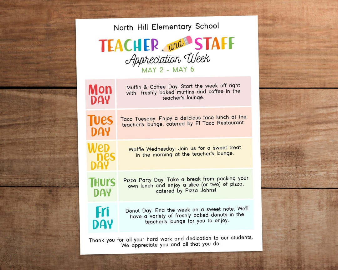 Teacher and Staff Appreciation Week Schedule Itinerary of Events Sign ...