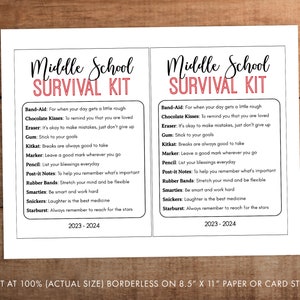 Middle School Survival Kit Card Printable Back to School Gift 5x7 ...