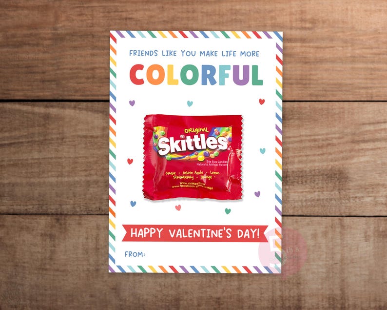 Valentine's Day Skittles Gift Tag Card Printable Kids Classroom ...
