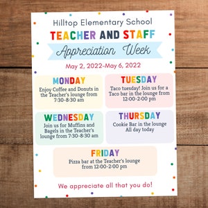 Editable Teacher and Staff Appreciation Week Schedule Itinerary of ...