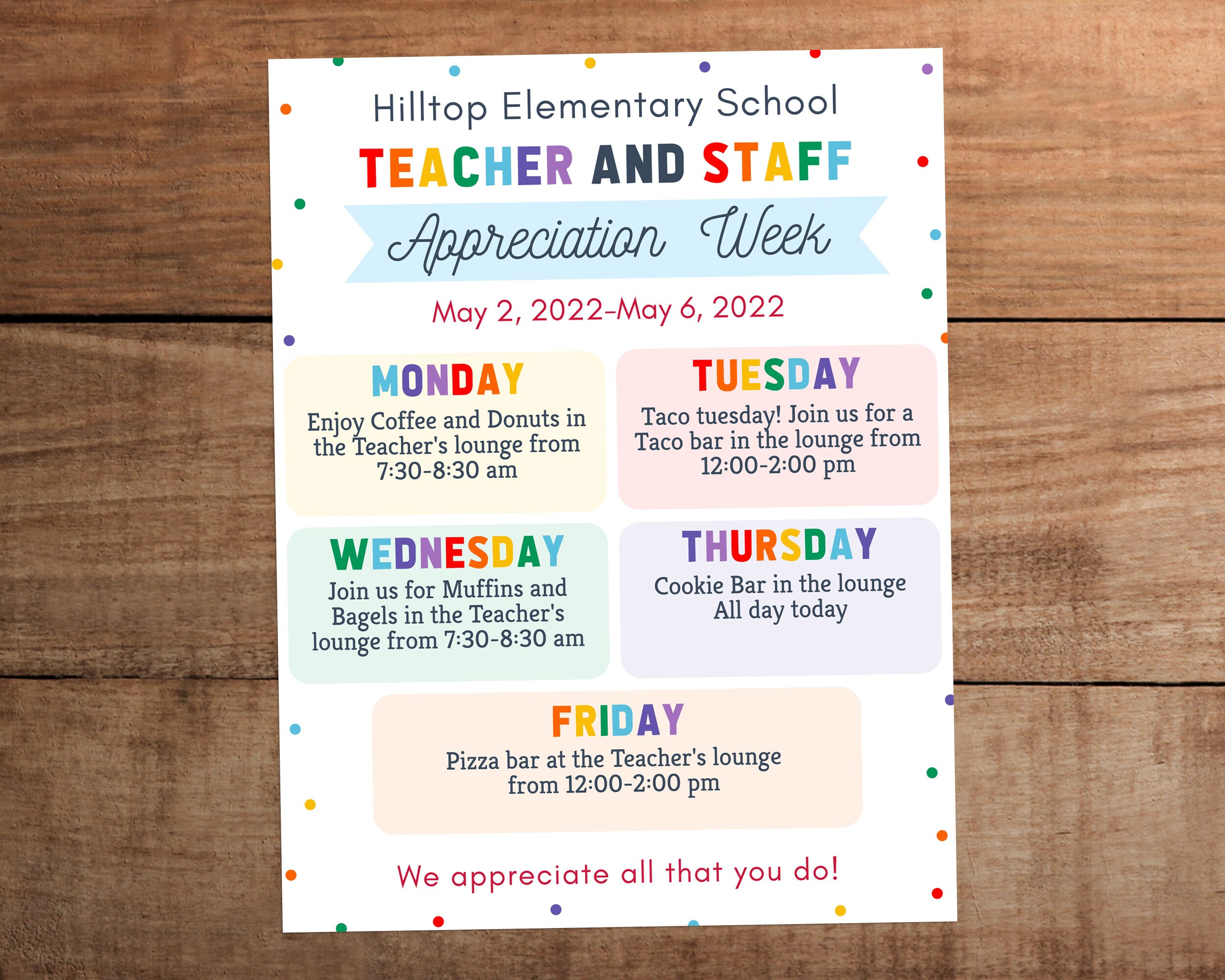 Editable Teacher and Staff Appreciation Week Schedule - Etsy