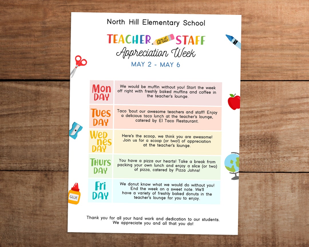 Editable Teacher and Staff Appreciation Week Schedule Itinerary of ...