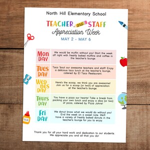 Editable Teacher and Staff Appreciation Week Schedule Itinerary of ...