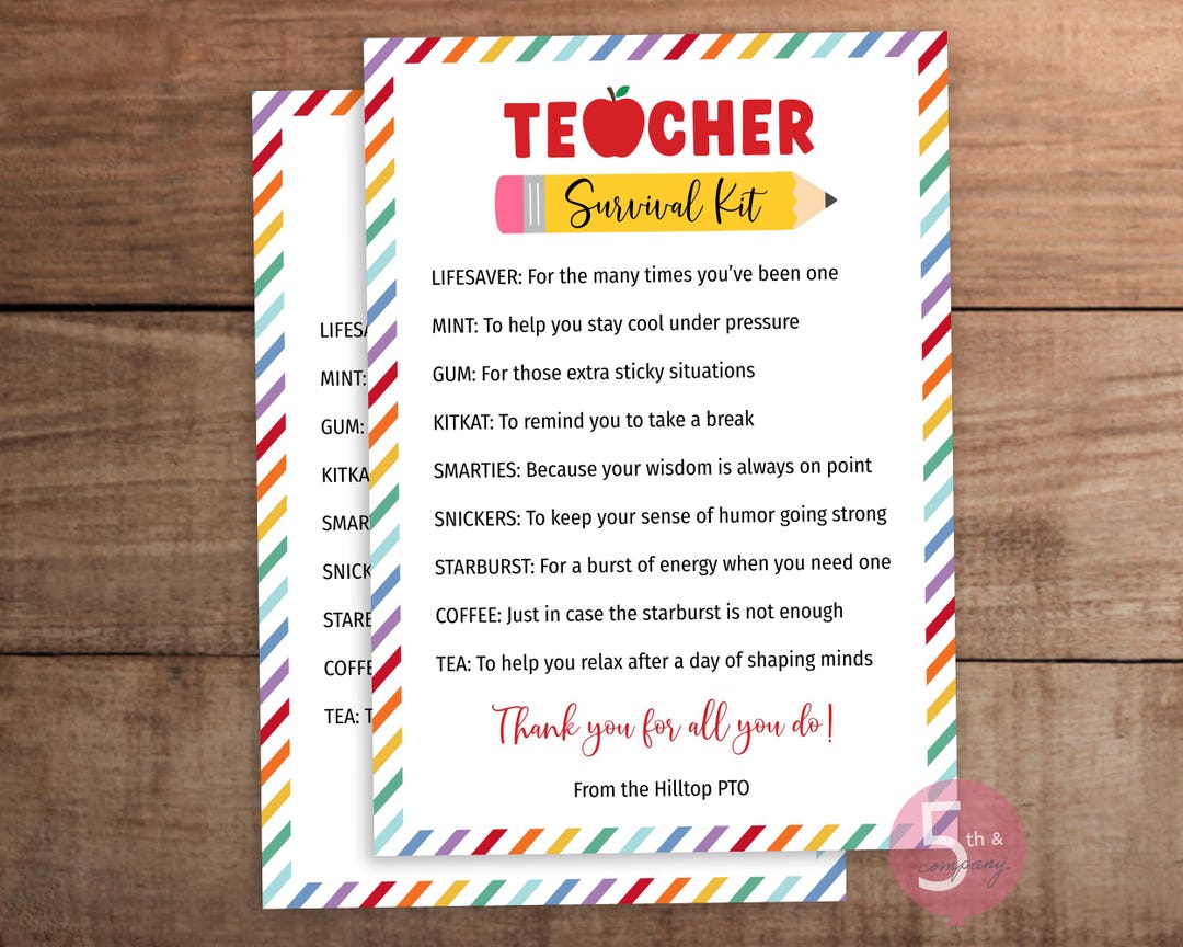 Editable Back to School Teacher Survival Kit Gift Tag Printable Candy ...
