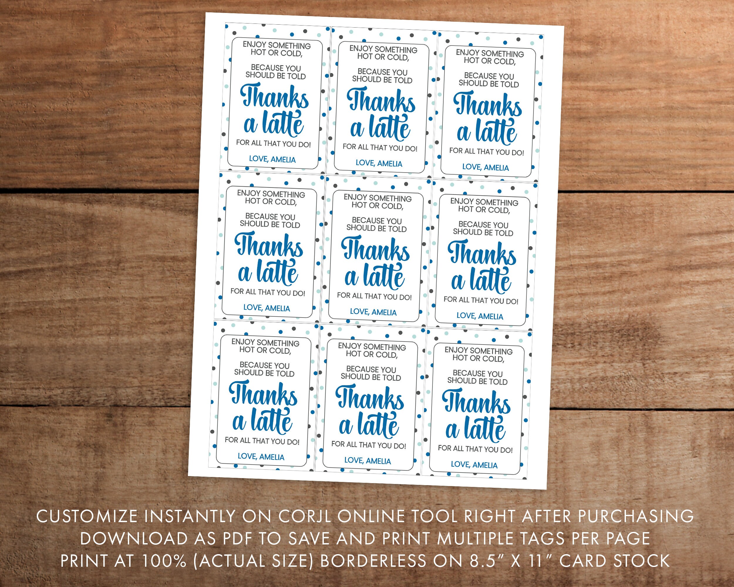 Editable Thanks a Latte Coffee Treat Gift Tag Printable for Teachers ...