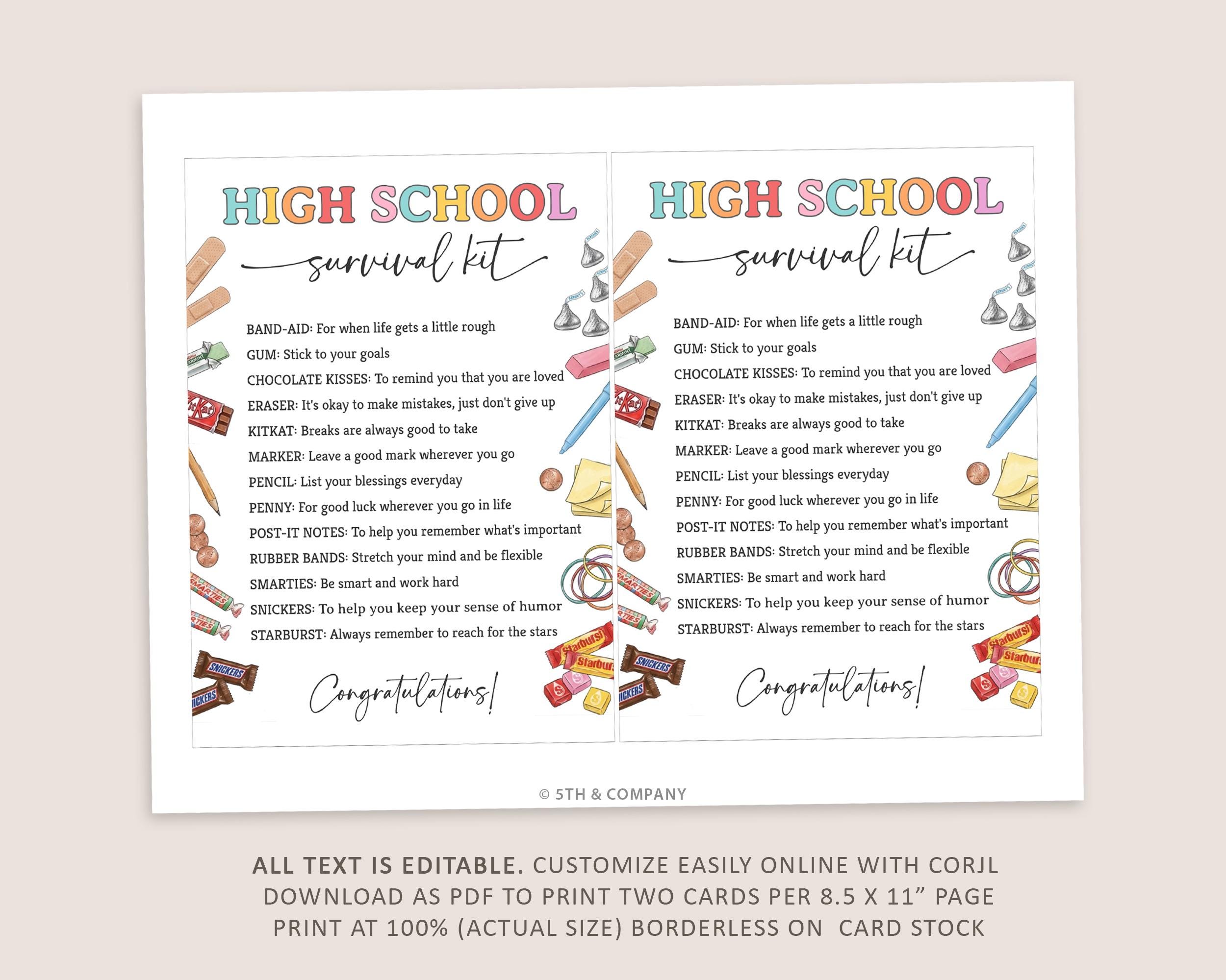 High School Survival Kit Printable, Middle School Graduation Gift ...