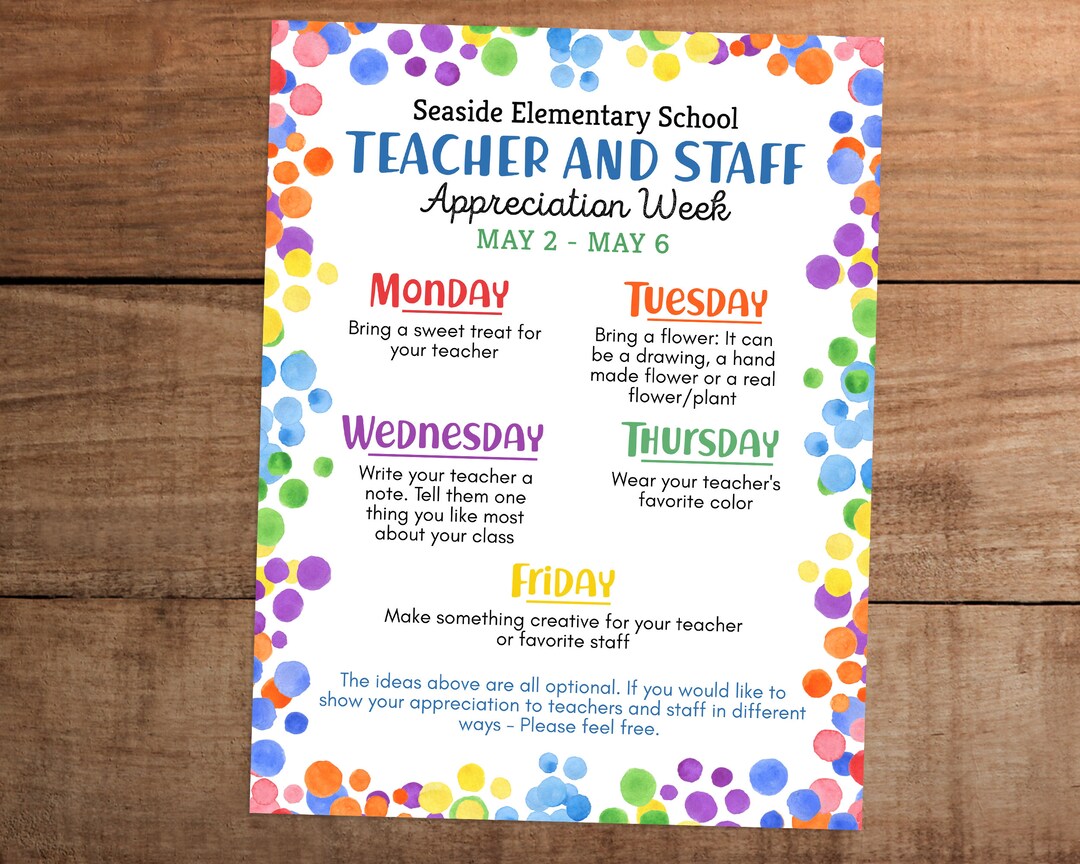 Editable Teacher and Staff Appreciation Week Schedule Itinerary of ...