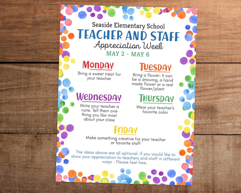 Editable Teacher and Staff Appreciation Week Schedule Itinerary of ...