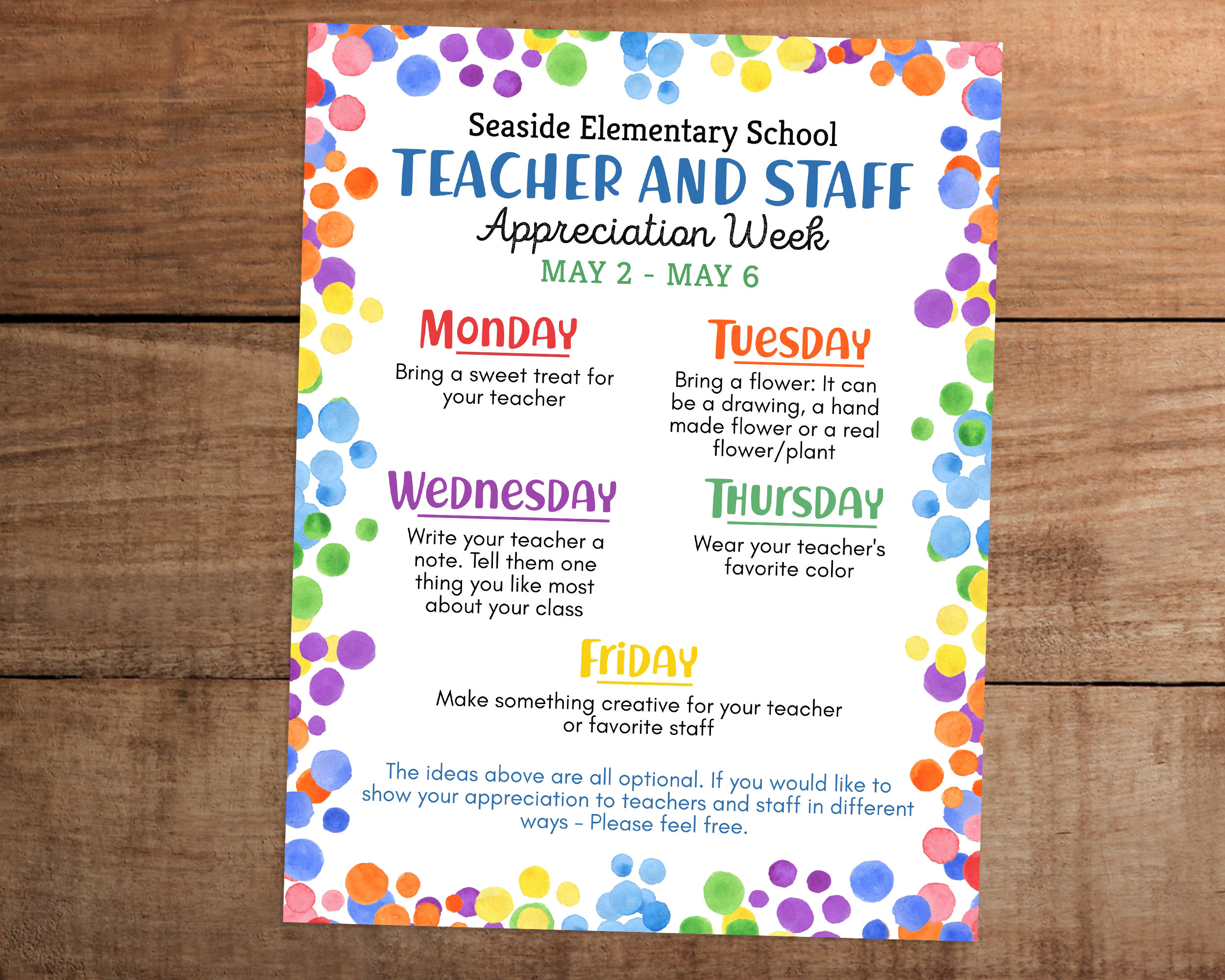 Editable Teacher and Staff Appreciation Week Schedule Itinerary of ...