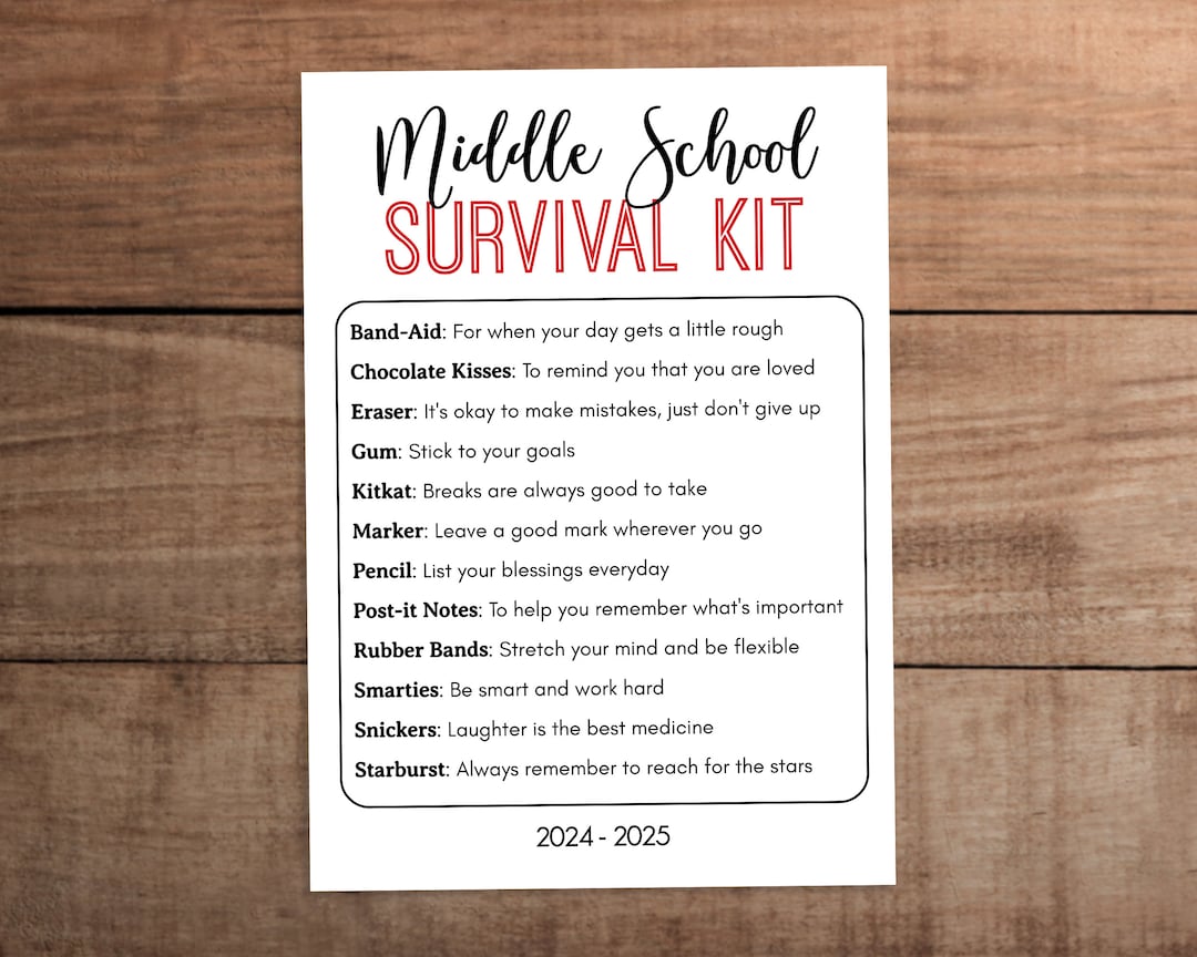 Middle School Survival Kit Card Printable Back to School Gift 5x7 ...