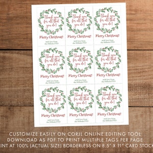 Editable Christmas Thank You Gift Tag: Teacher, Nurse, Staff, Coworker ...