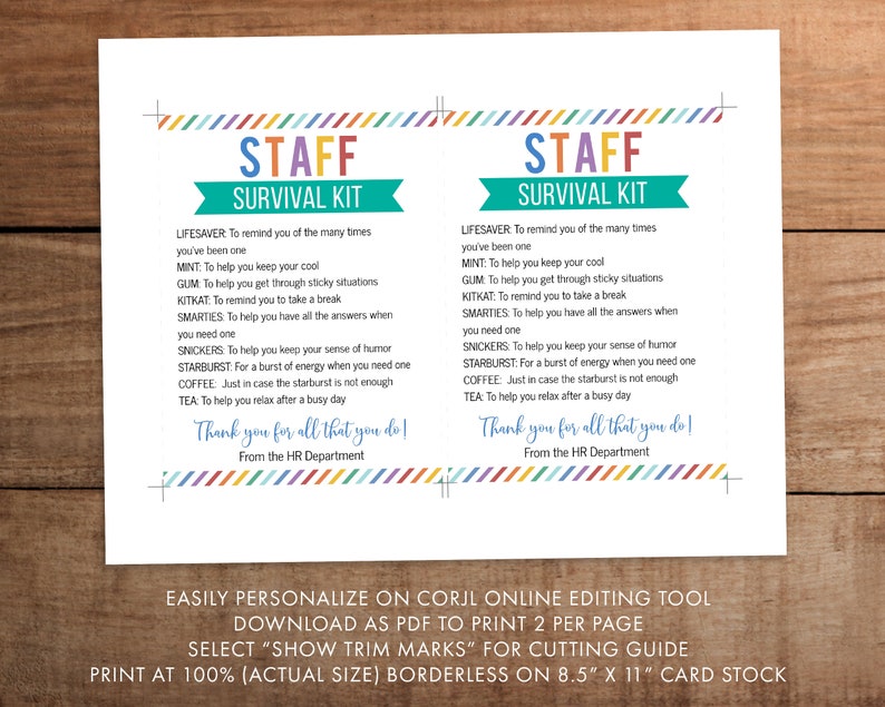 Staff Survival Kit Card: Employee Appreciation Gift Tag (digital ...