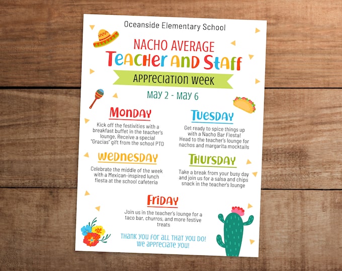 Editable Nacho Average Teacher Appreciation Week Schedule, Taco Nachos ...