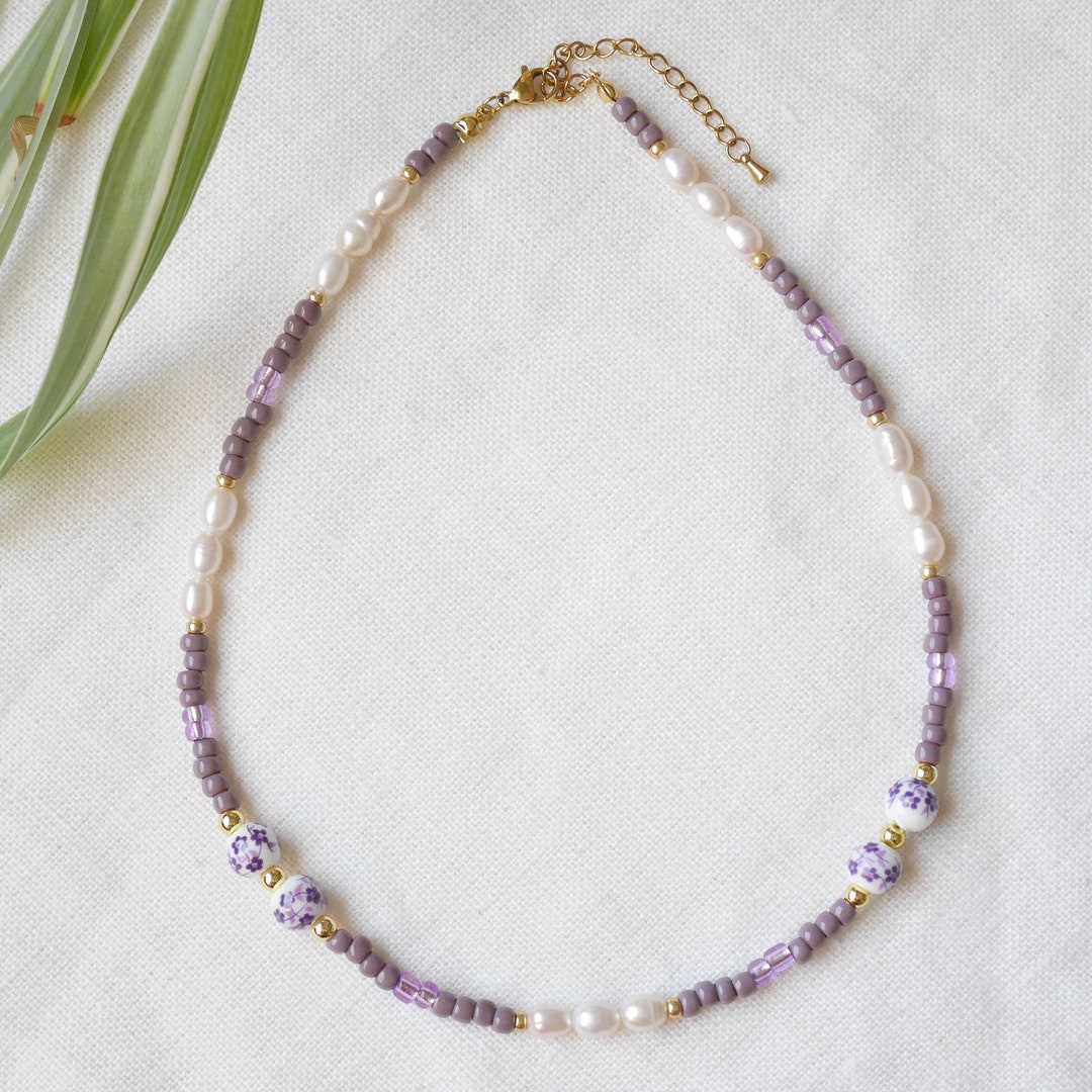 Lavender Pearl Necklace | Lilac Porcelain Bead Necklace | Purple Beads ...