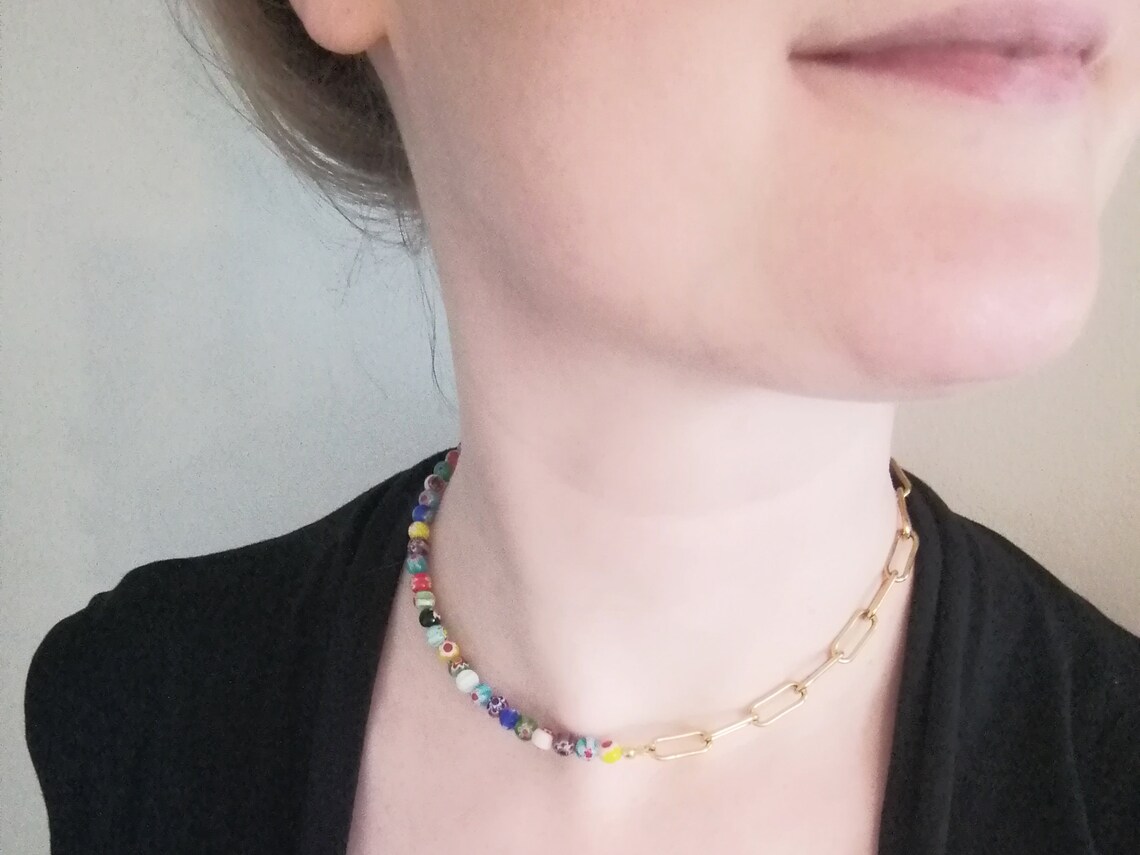 Half Millefiori Half Chain Necklace Colorful Beaded Chain - Etsy