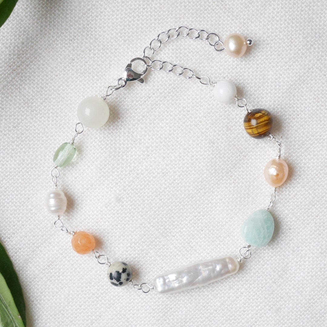 Mixed Gemstones Bracelet Dreamy Ethereal Stone Beads Bracelet Gemstone Jewelry in Soft Colors ...