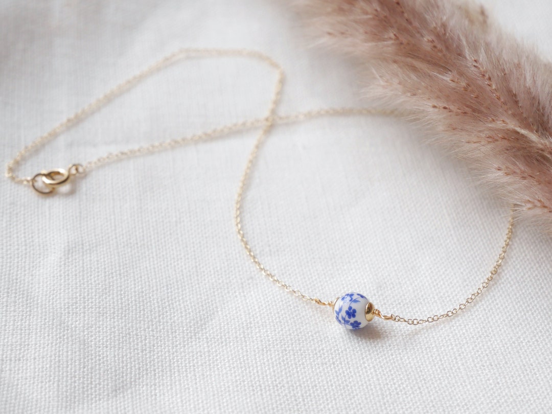 Blue Porcelain Chain Necklace | Dainty Gold Chain With Flower Bead ...