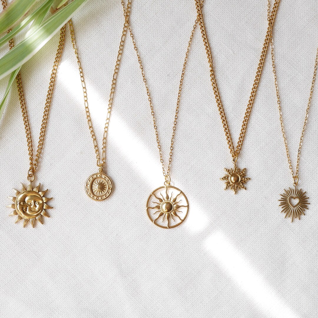 Gold Sun Necklace | Sunshine Charm Necklace | Celestial Moon Stars ...