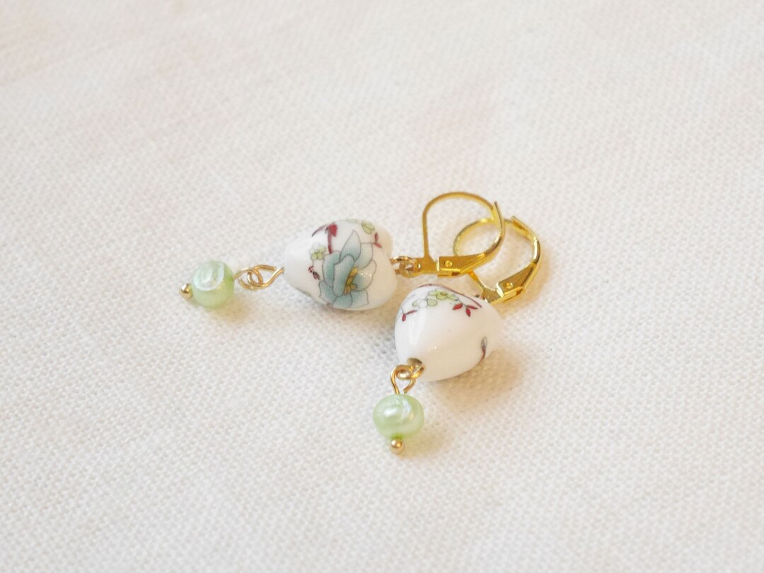 Dainty Porcelain Earrings | Ceramic Heart Earrings With Light Green ...
