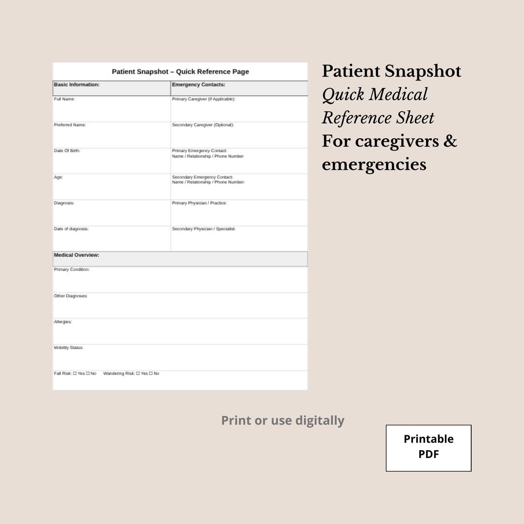 Patient Snapshot Printable | Medical Information Sheet for Caregivers ...