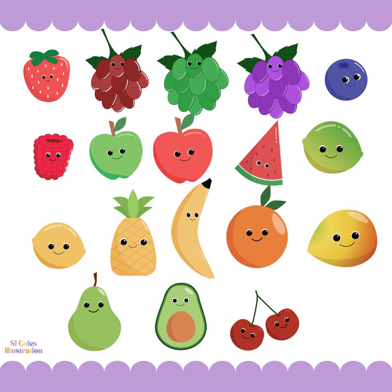 Fruit Clipart Set Kawaii Cute Fruit Clip Art Set Png Files Fruit Kawaii ...