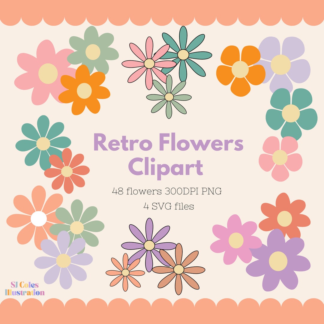 Retro Flowers Clipart Bundle, Instant Download -cute Boho Daisy PNG ...