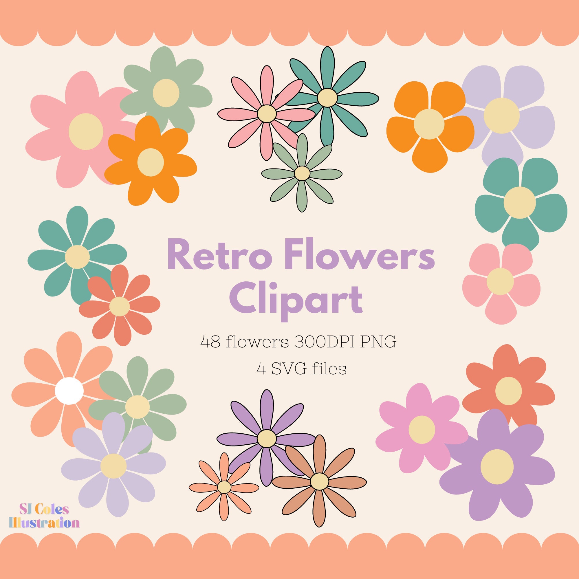 Retro Flowers Clipart Bundle, Instant Download cute Boho Daisy PNG ...