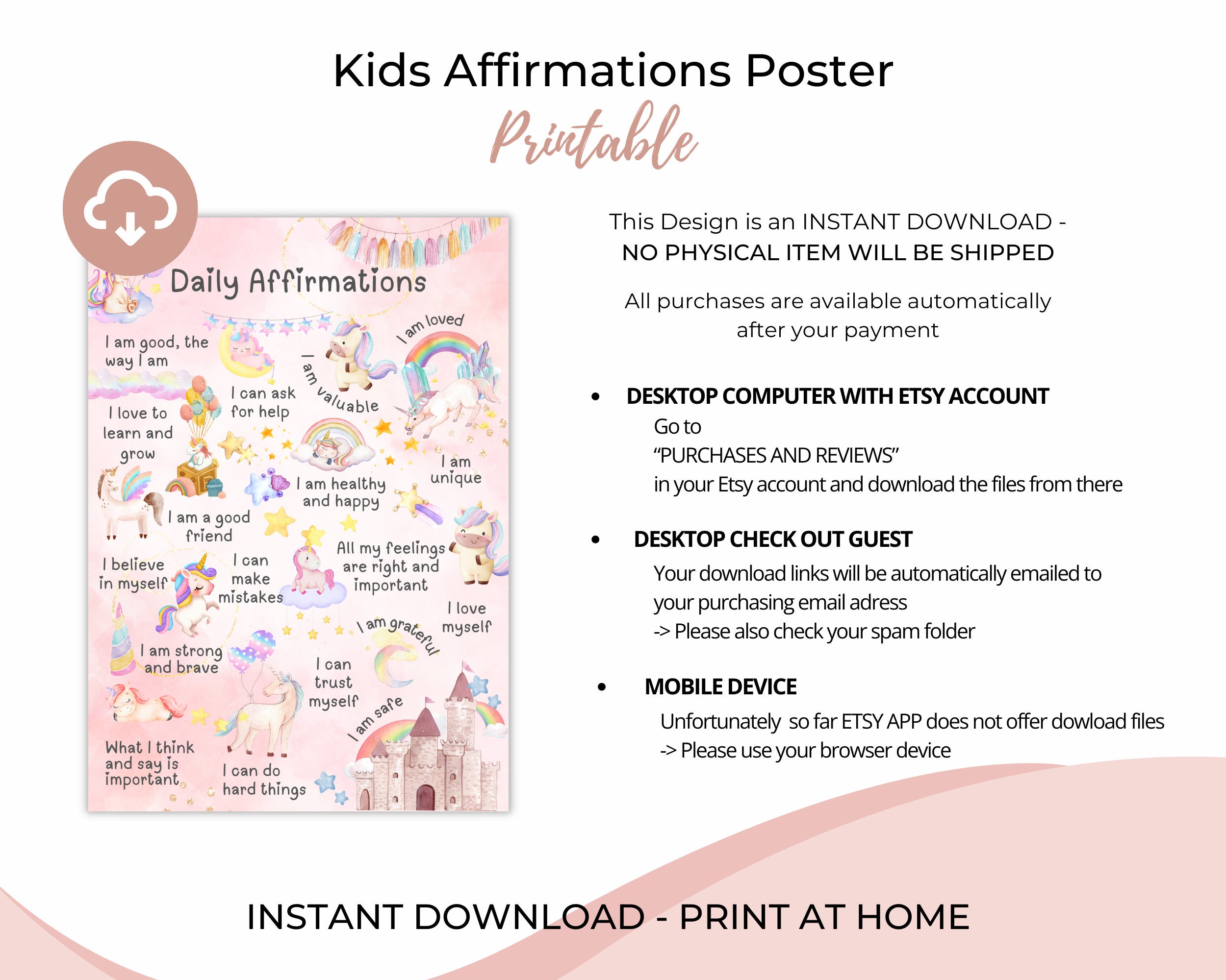 Unicorn Wall Art Printable Positive Affirmations Kids, Girls Mental ...