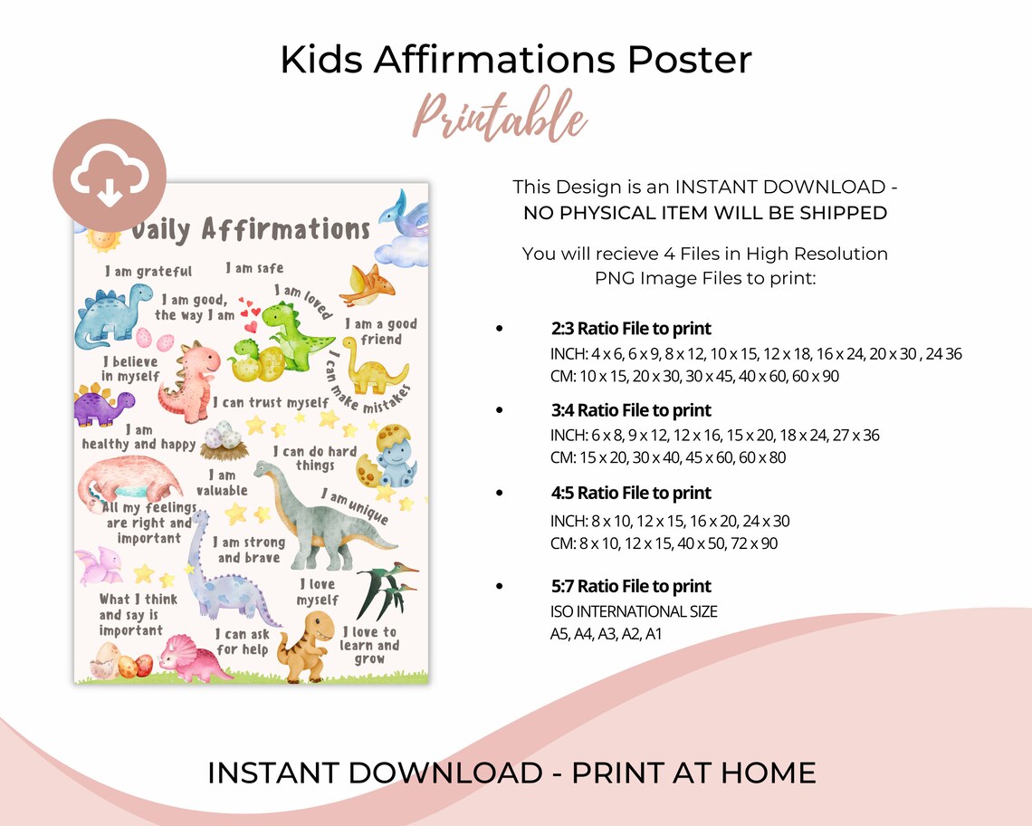 Dino Wall Art Printable Positive Affirmations Kids, Children Mental ...