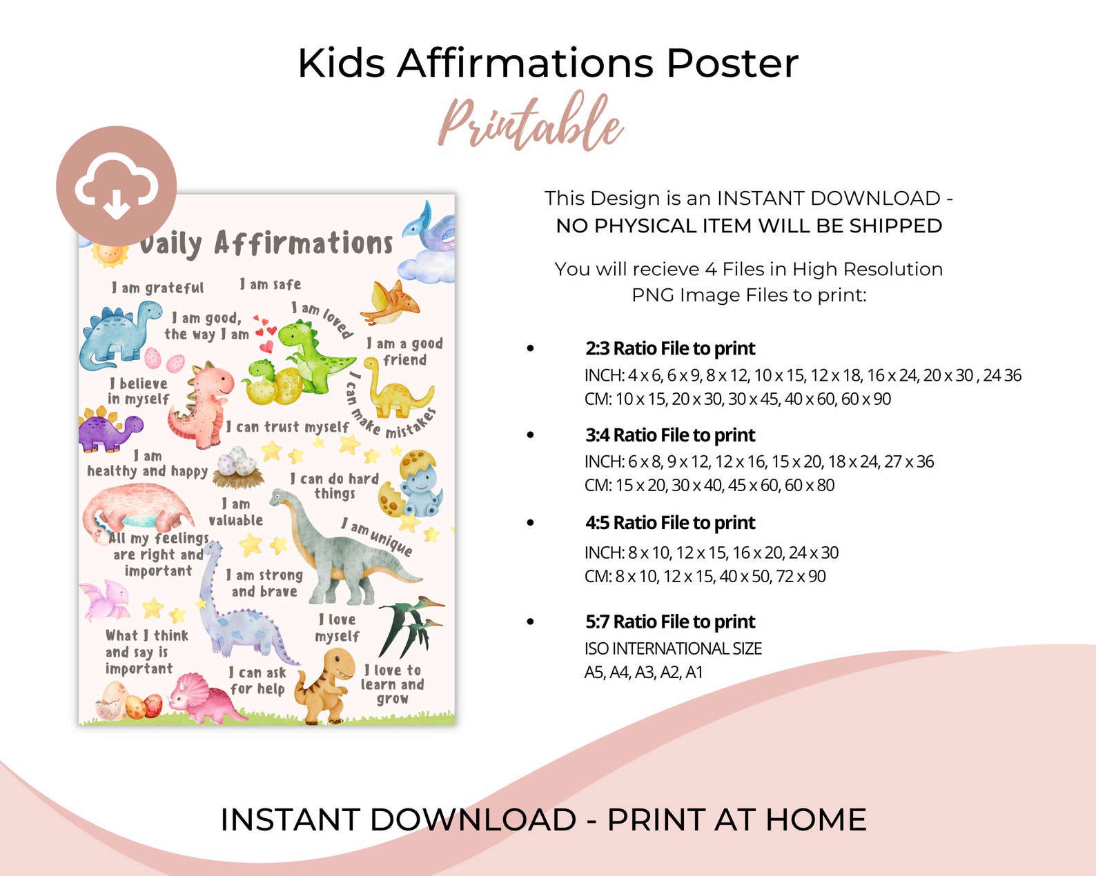 Dino Wall Art Printable Positive Affirmations Kids, Children Mental ...