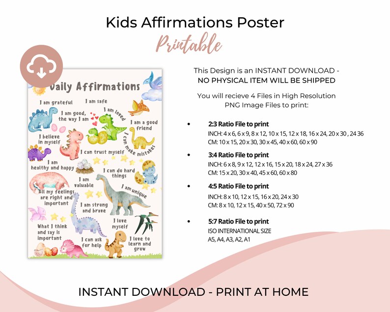 Dino Wall Art Printable Positive Affirmations Kids, Children Mental ...