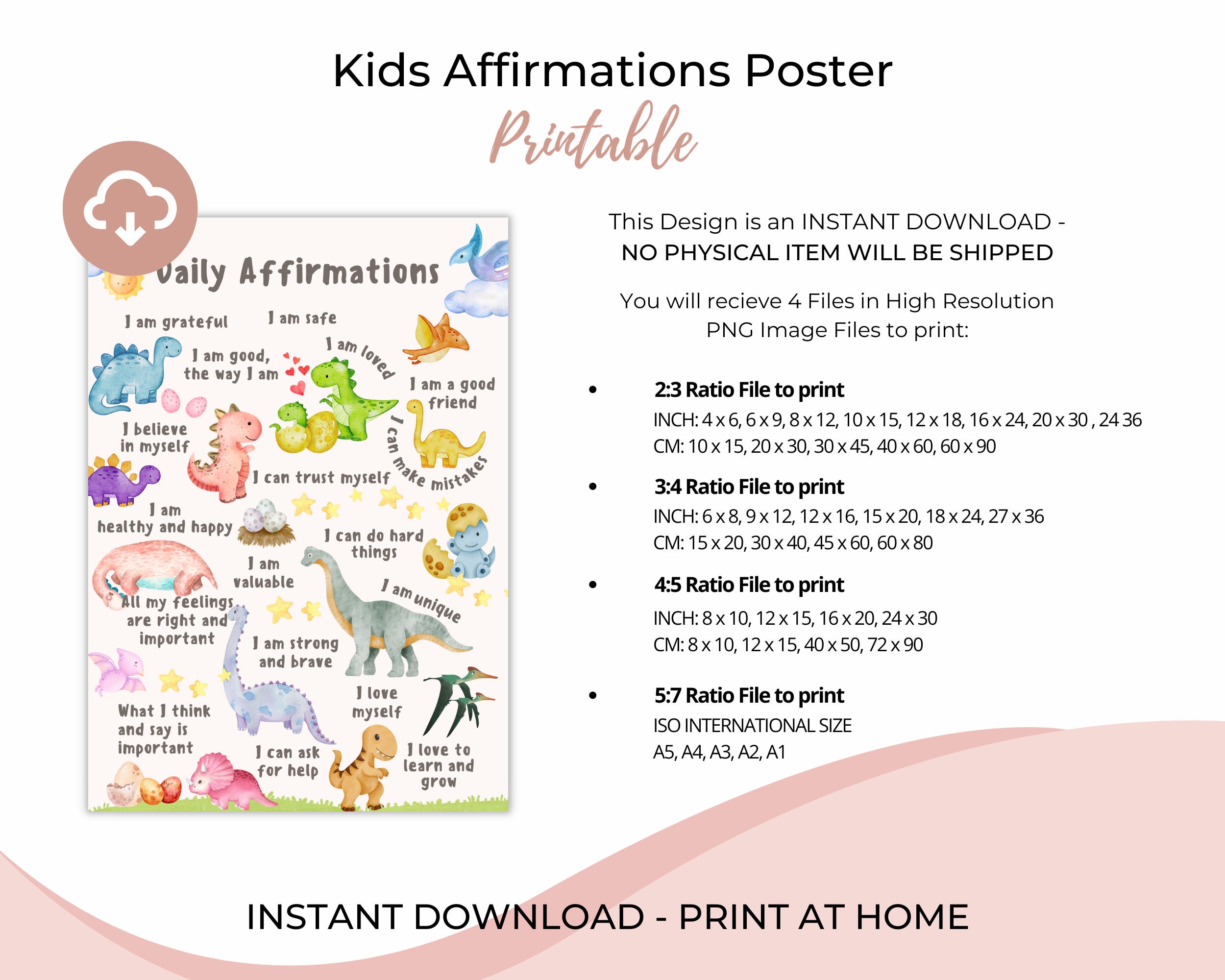 Dino Wall Art Printable Positive Affirmations Kids, Children Mental ...