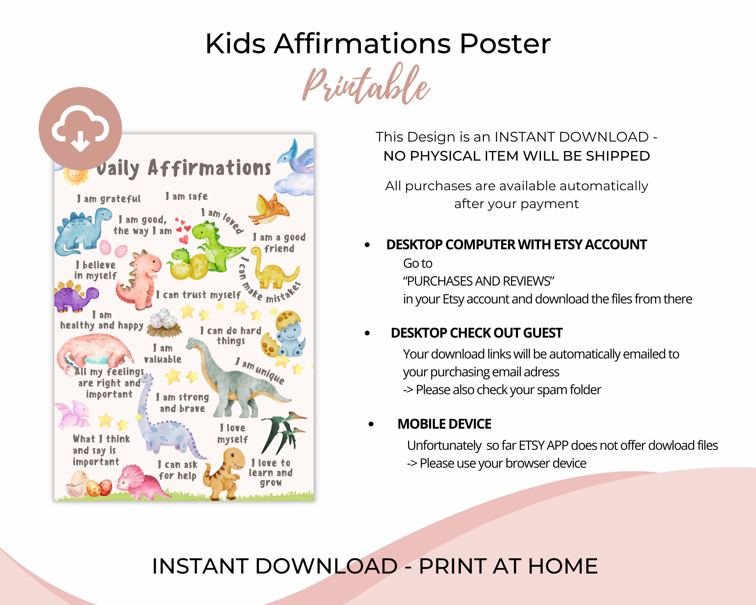 Dino Wall Art Printable Positive Affirmations Kids, Children Mental ...