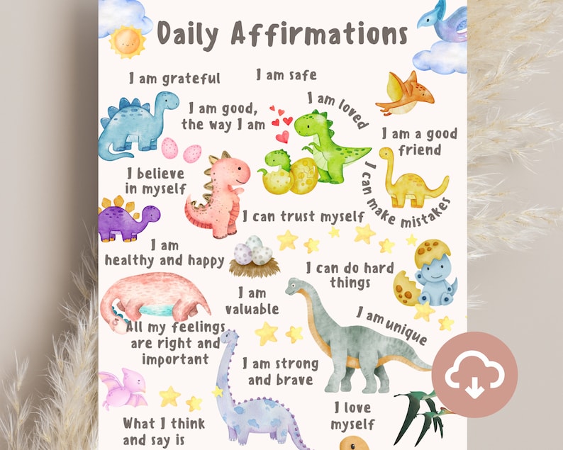 Dino Wall Art Printable Positive Affirmations Kids, Children Mental ...