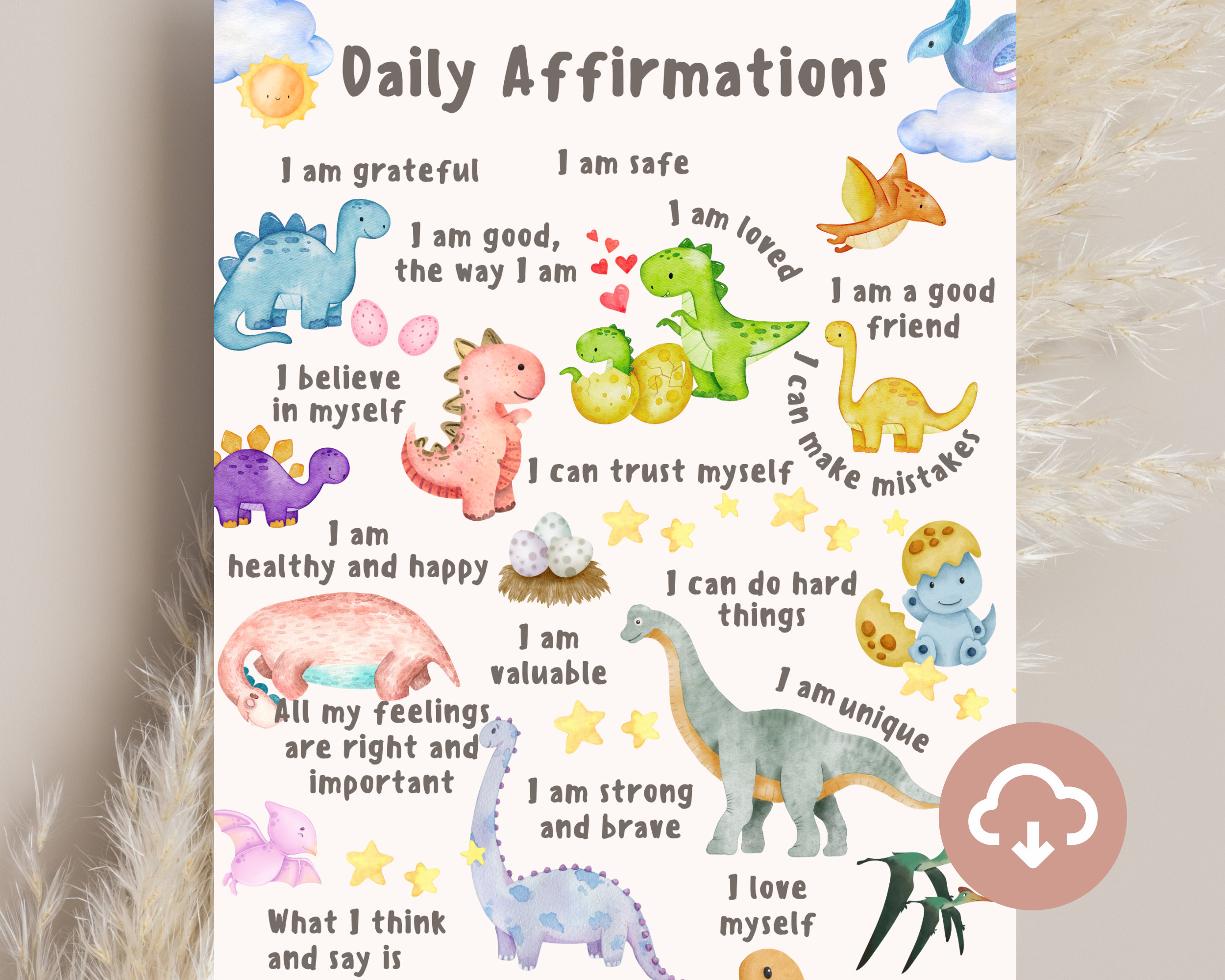 Dino Wall Art Printable Positive Affirmations Kids, Children Mental ...