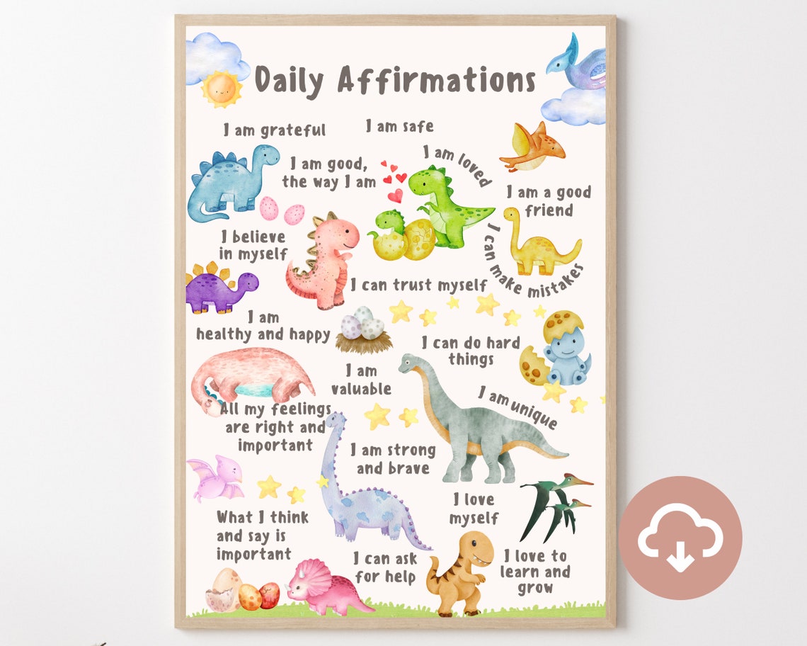 Dino Wall Art Printable Positive Affirmations Kids, Children Mental ...