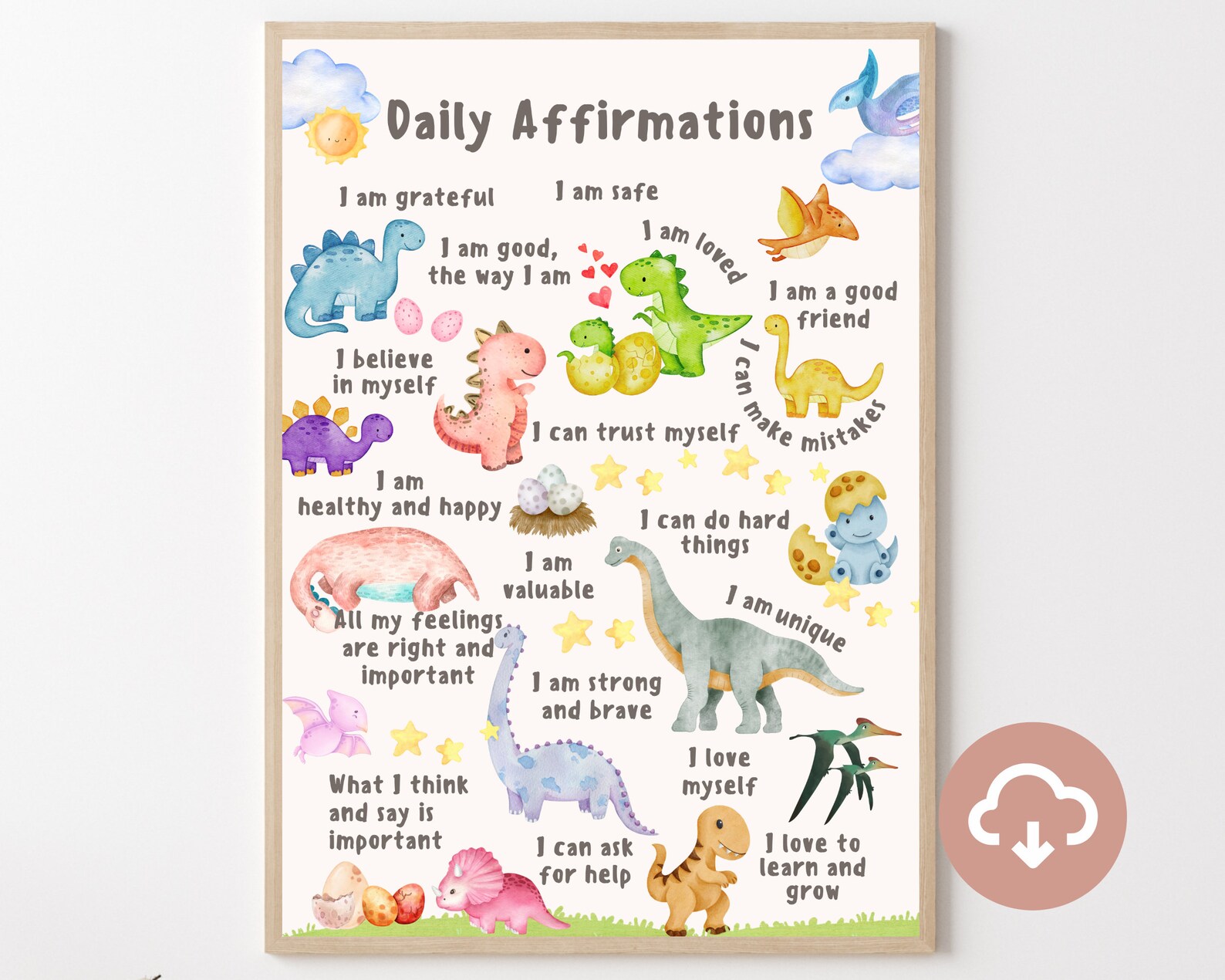 Dino Wall Art Printable Positive Affirmations Kids, Children Mental ...