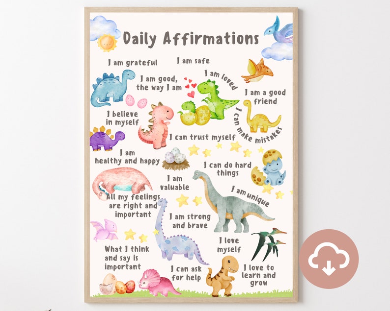 Dino Wall Art Printable Positive Affirmations Kids, Children Mental ...