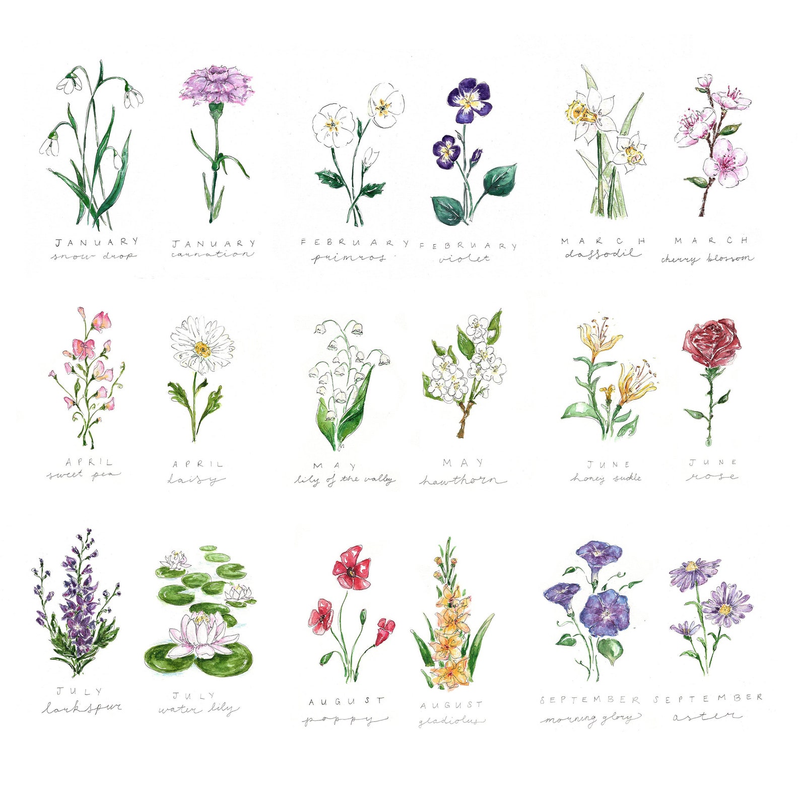 Birth Flower Prints Watercolor Flower Wall Art - Etsy