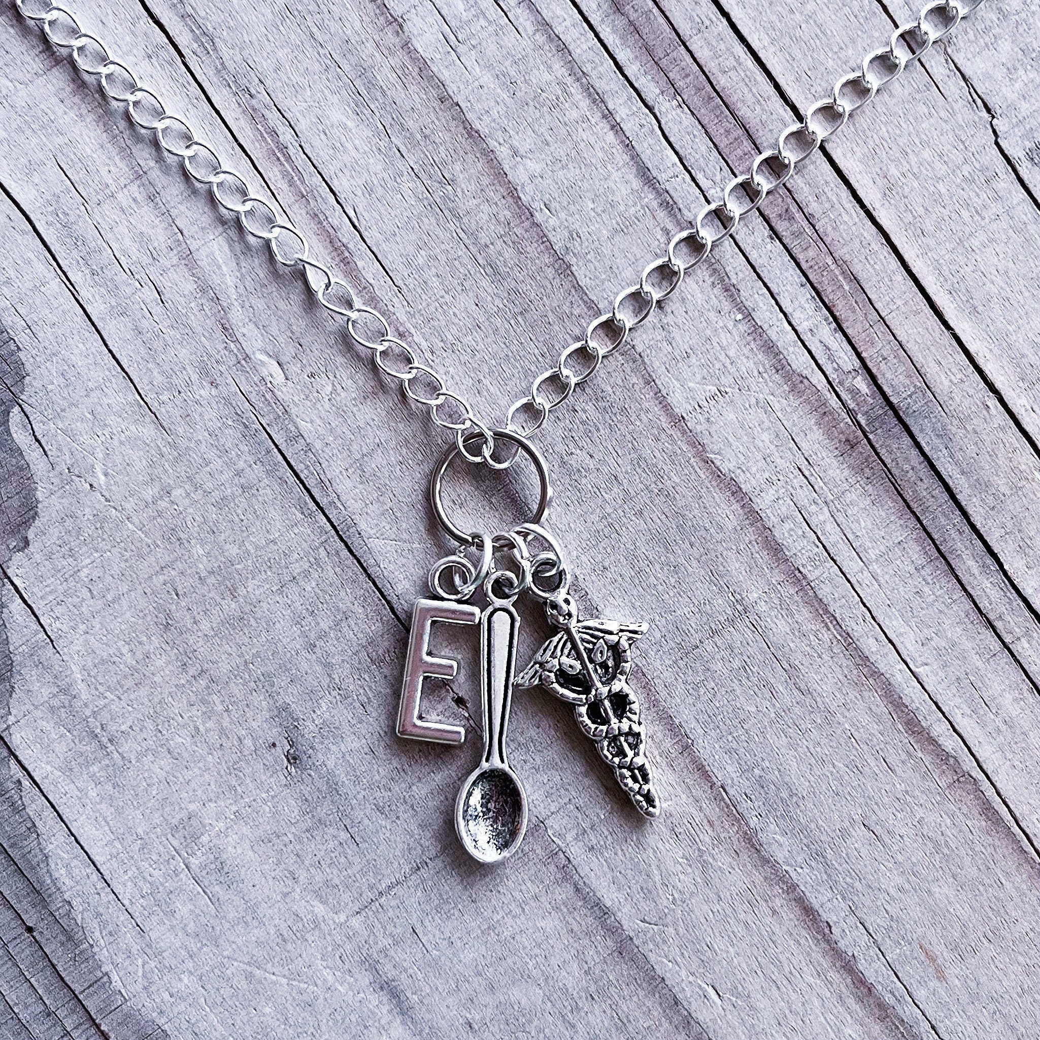 Spoonie Warrior Necklace Spoon Caduceus Custom Letter Charm - Etsy